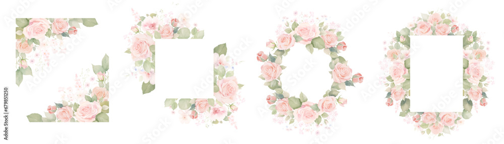 Watercolor pink rose flower and leaf bouquets, borders and frames ...