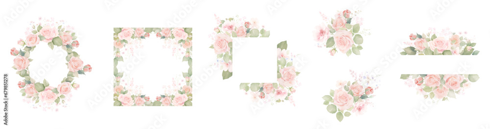 Watercolor pink rose flower and leaf bouquets, borders and frames ...