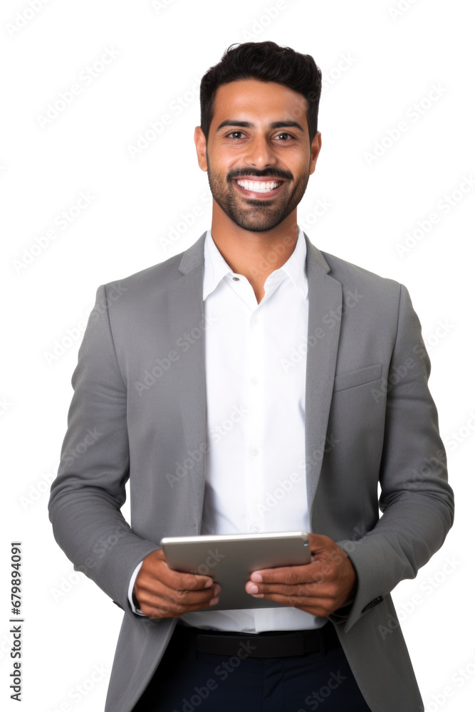 man holding tablet while smiling on transparent background. png Stock ...
