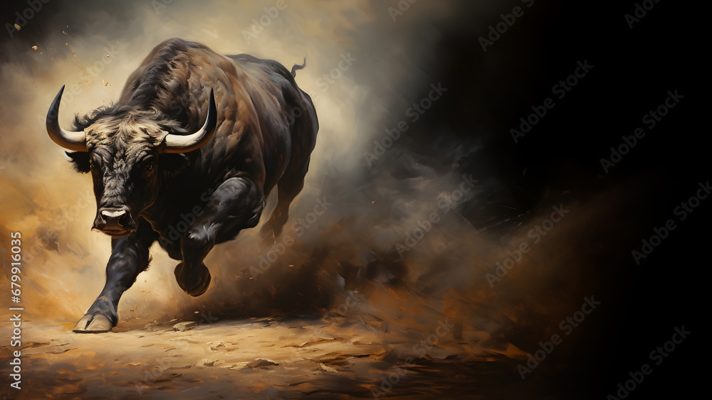 Raging bull charging attack, isolated on black background, copy space ...