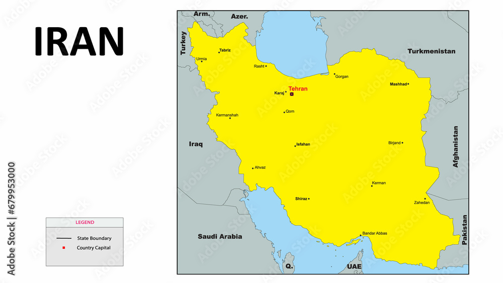 Iran Map. Iran Political Map with capital Tehran, national borders ...
