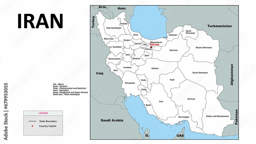 Iran Map. Iran Political Map with capital Tehran, national borders ...