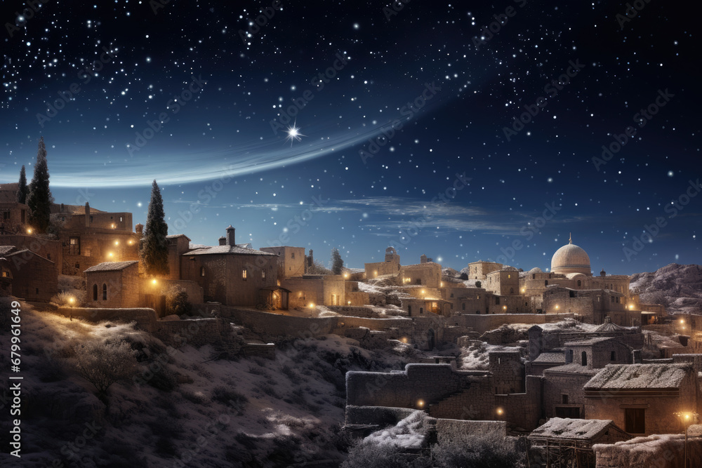 Christmas star over city of Bethlehem. Nativity story. Birth of Jesus ...