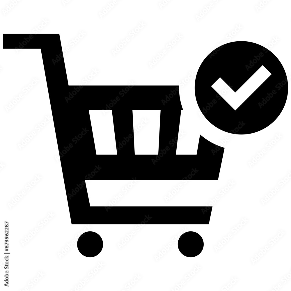 Black order completed icon, shopping cart with check mark, simple flat ...