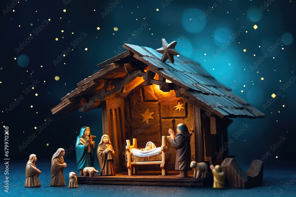 Photo Stock Wooden manger with newborn baby Jesus Christ in dark blue ...