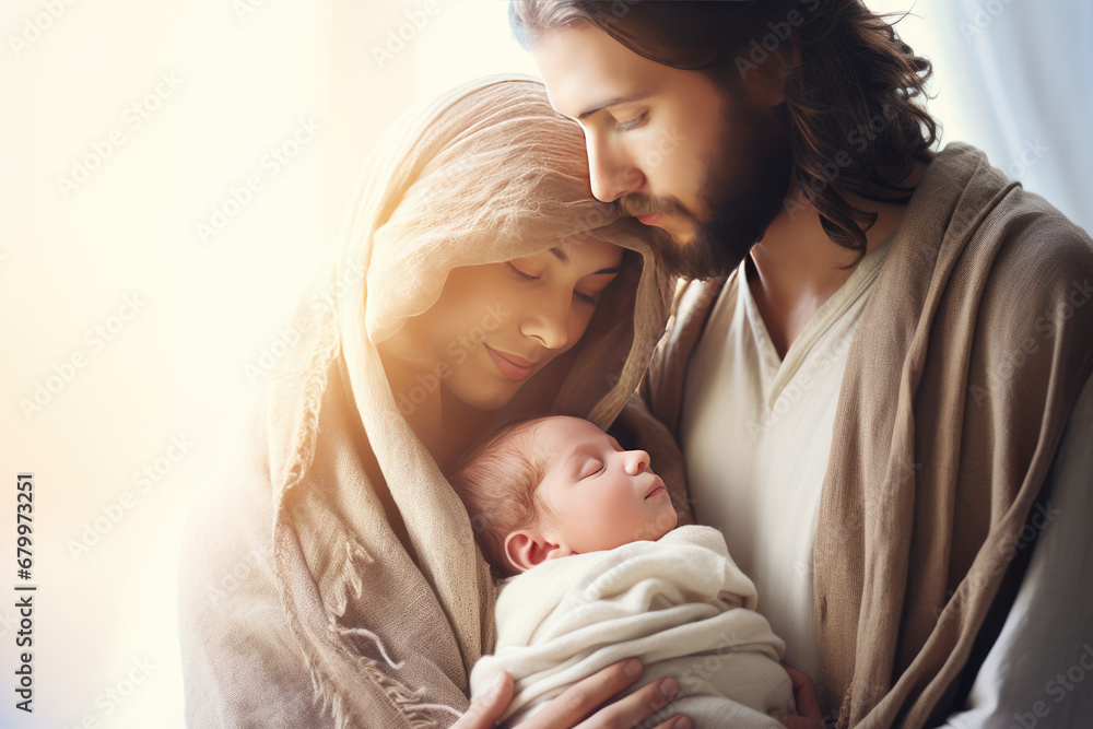 Nativity story - Joseph, Mary and newborn baby Jesus Christ. Christian ...