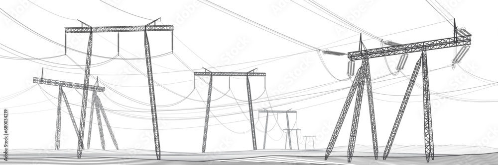 High voltage transmission systems. Electric pole. Power lines. A ...
