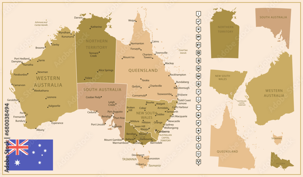 Australia - detailed map of the country in brown colors, divided into ...