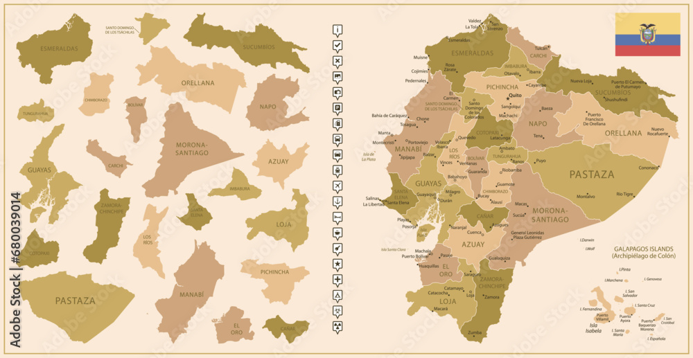 Ecuador - detailed map of the country in brown colors, divided into ...