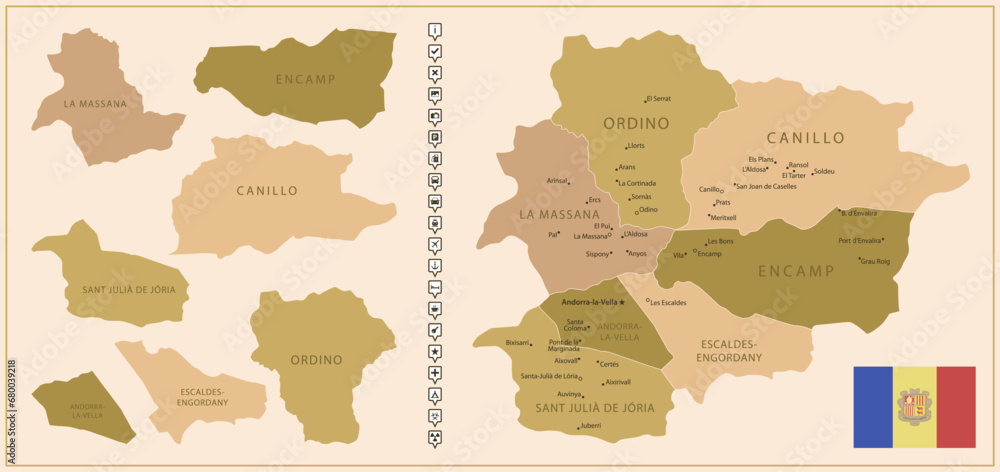 Andorra - detailed map of the country in brown colors, divided into ...