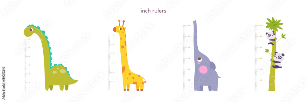 Kids height ruler in inches for growth measure. Cute animals set vector ...