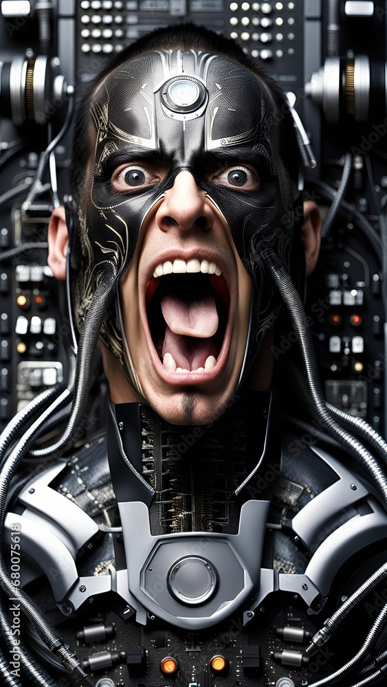 cyborg warrior, sci-fi scenery, evil man, generative ai illustration ...