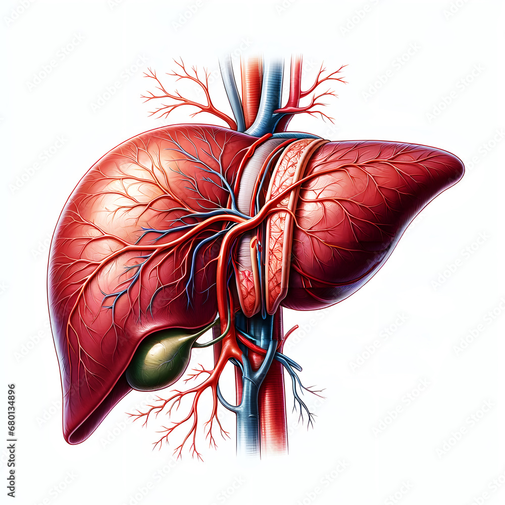 An anatomical image of the human liver, highlighting the lobes ...