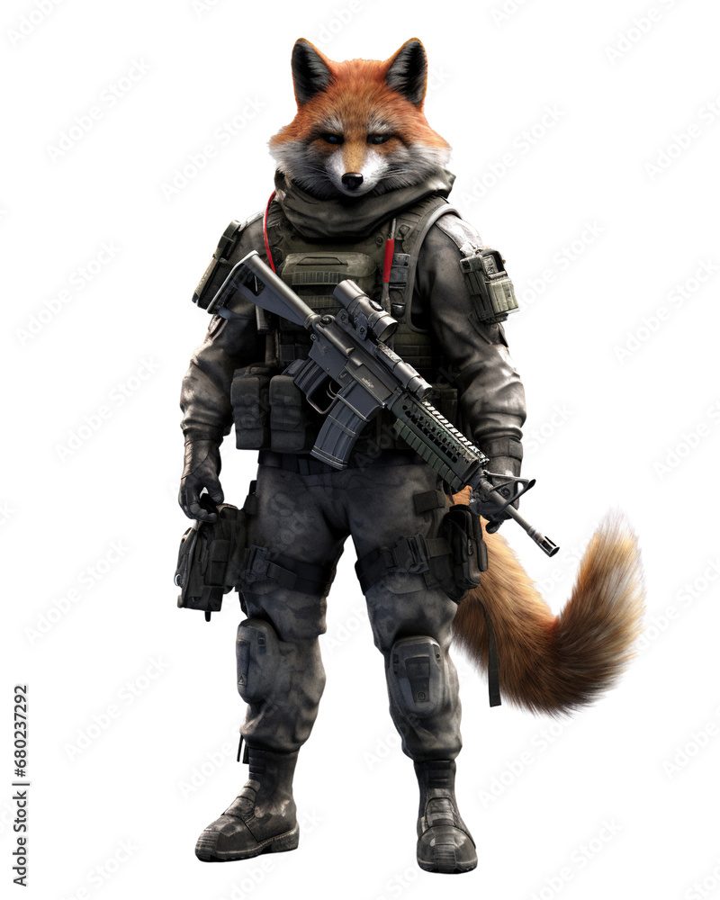 An anthropomorphic fox in modern military attire with an assault rifle ...