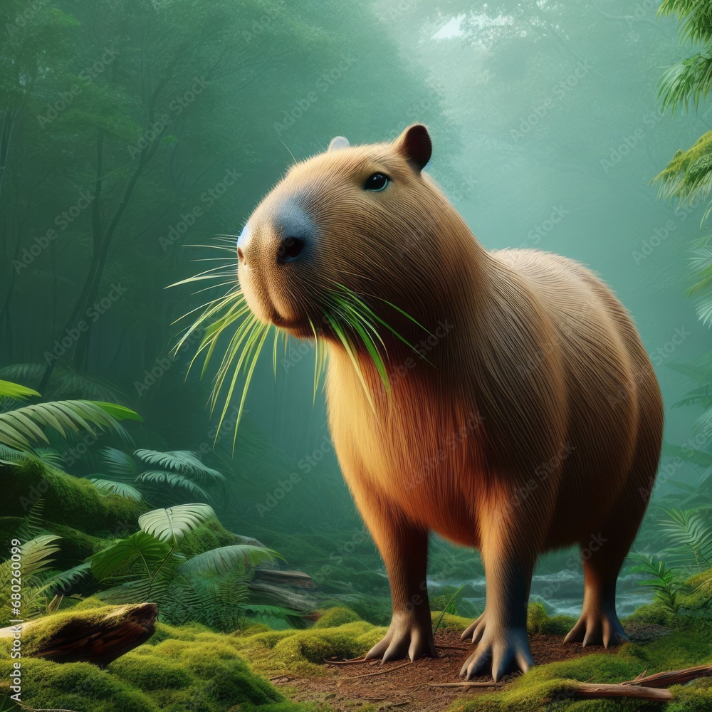 Capybara swimming in the forest eating herbs and walking, illustration ...