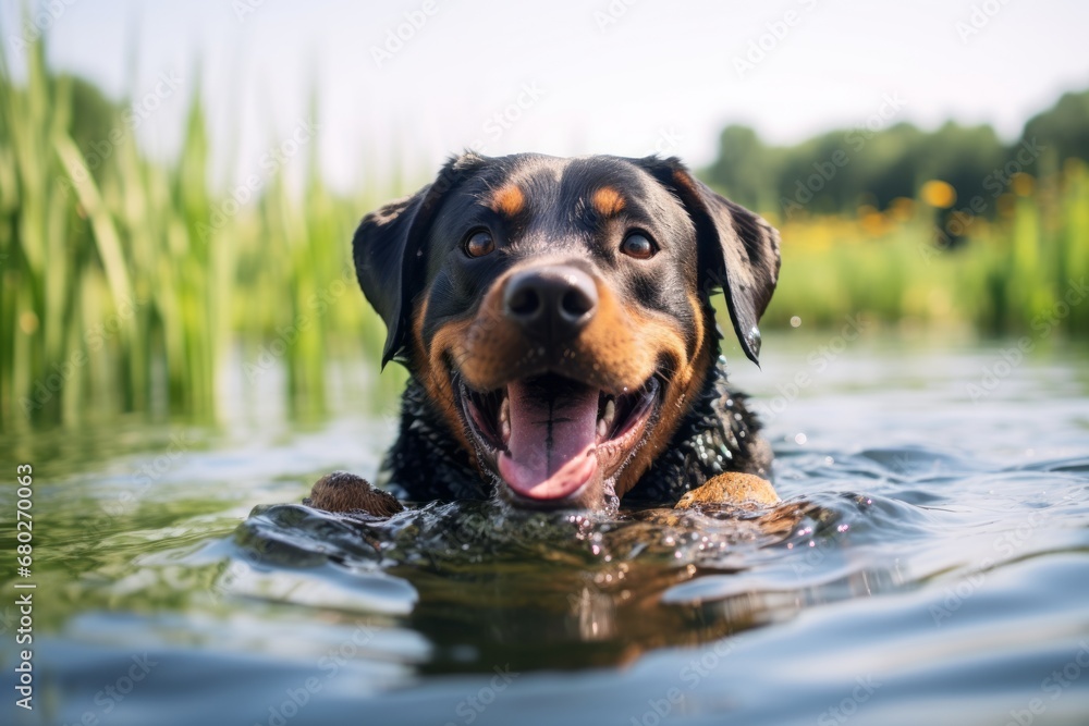 Lifestyle portrait photography of a happy rottweiler swimming in a lake ...