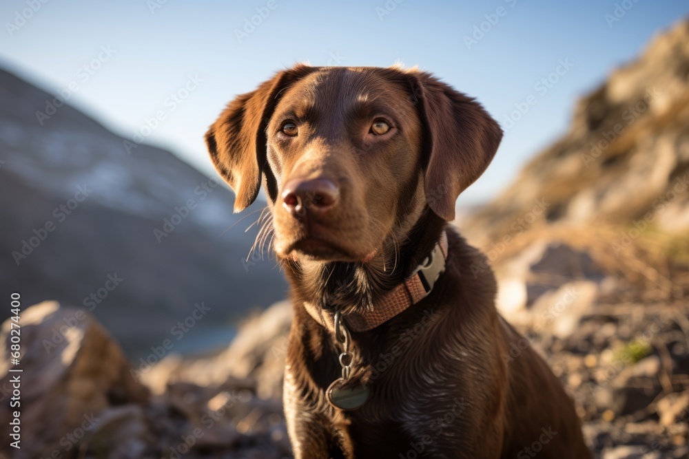 Headshot portrait photography of a curious labrador retriever chewing ...