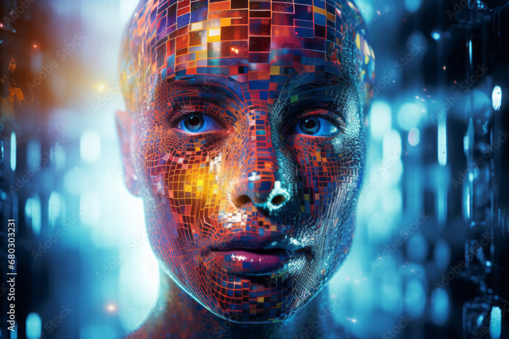 Generative AI illustration of a human face composed of vibrant and mosaic-like digital pixels ...