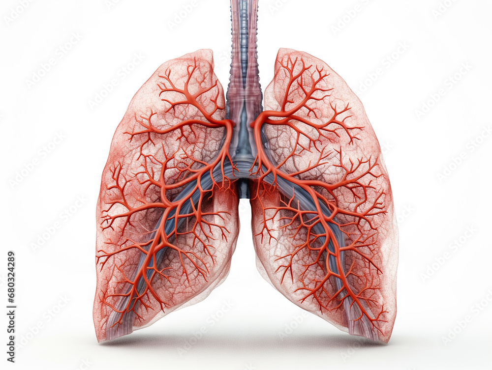 Detailed rendering of human lungs on a white background. Alveoli ...