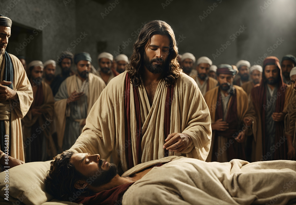 Jesus heals a sick man with people gathering around to witness the ...