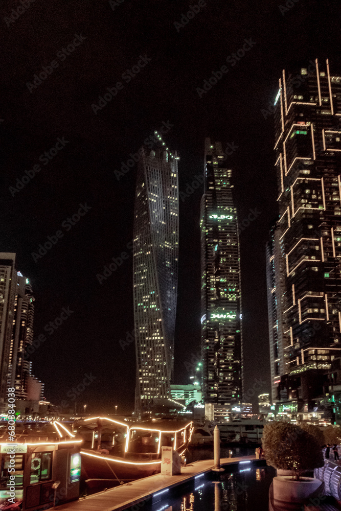 Night view from the promenade of Dubai Marina with illuminated ...