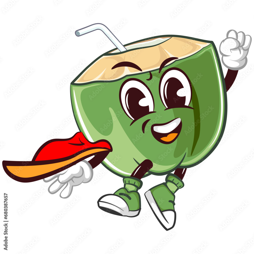 coconut drink character mascot with a straw with a funny face flying in ...