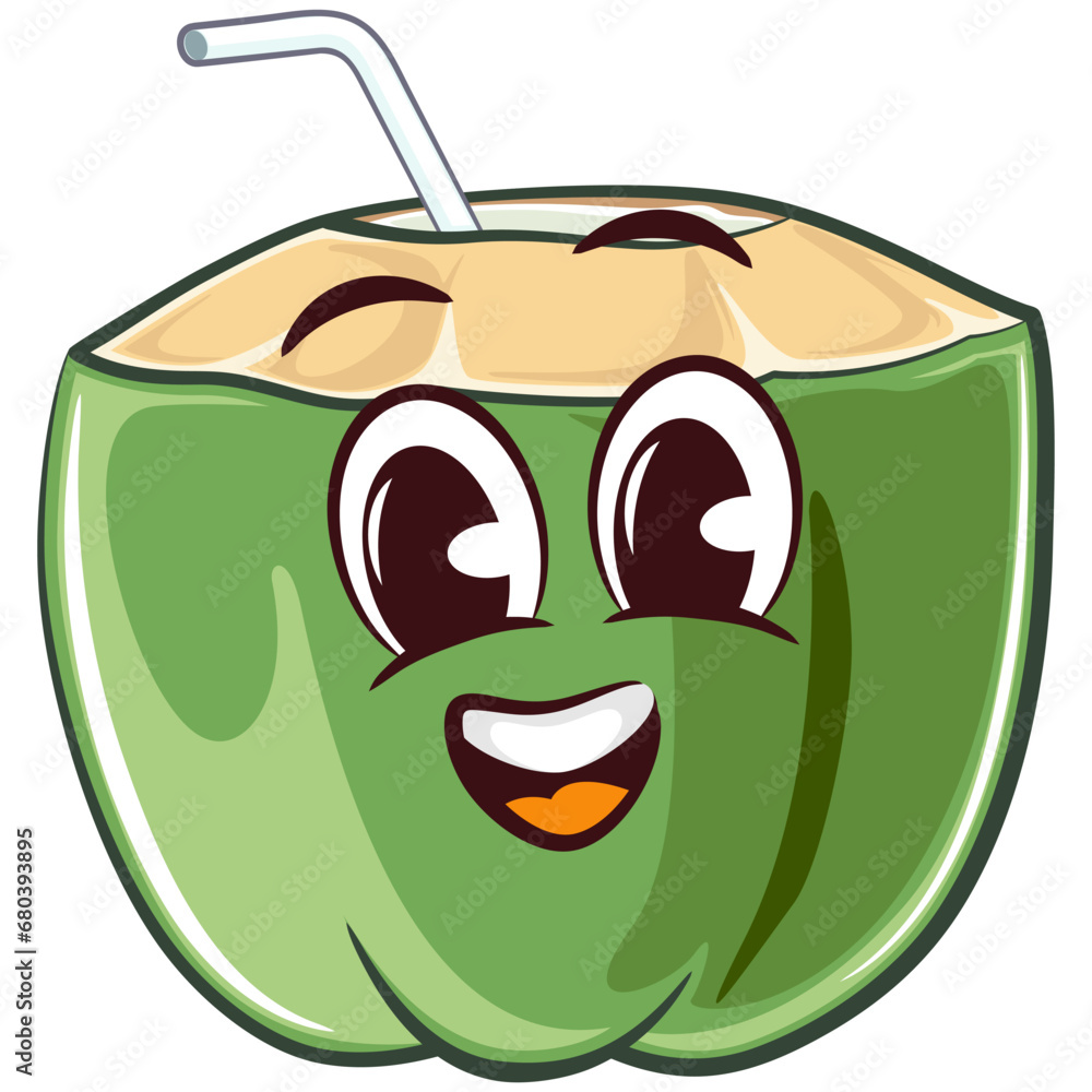 mascot character coconut drink with straw with funny face, isolated ...