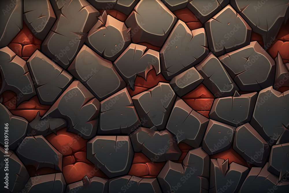 Illustrated asset of a stone wall with hot lava rocks coming through, game background setting ...