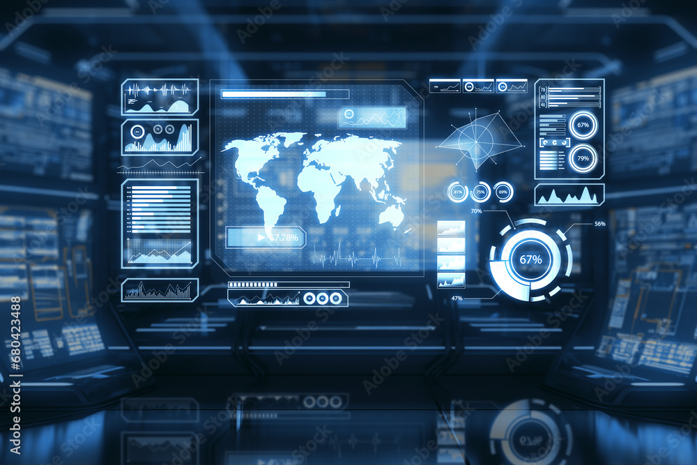 Futuristic network monitoring center with digital world map and dynamic data visualization ...