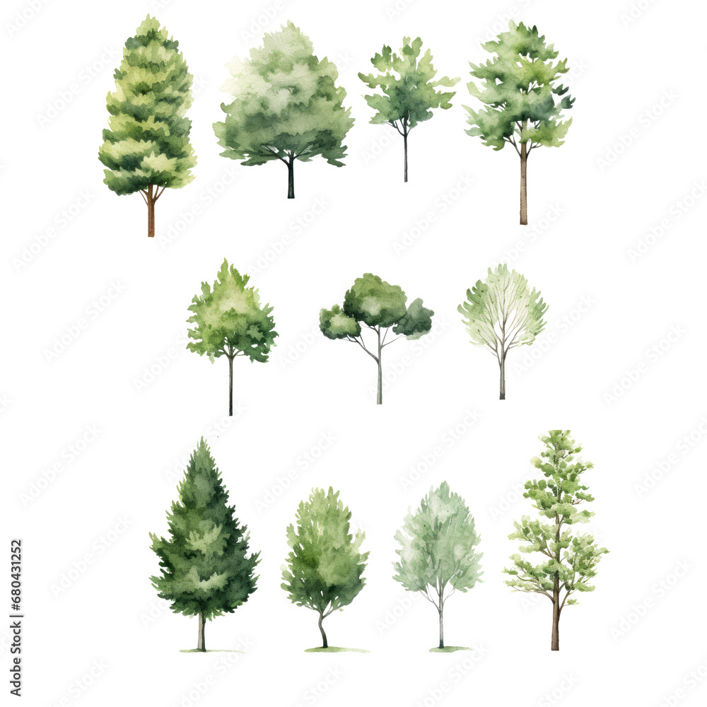 Tree watercolor clipart crop picture use Set of hand drawn trees ...