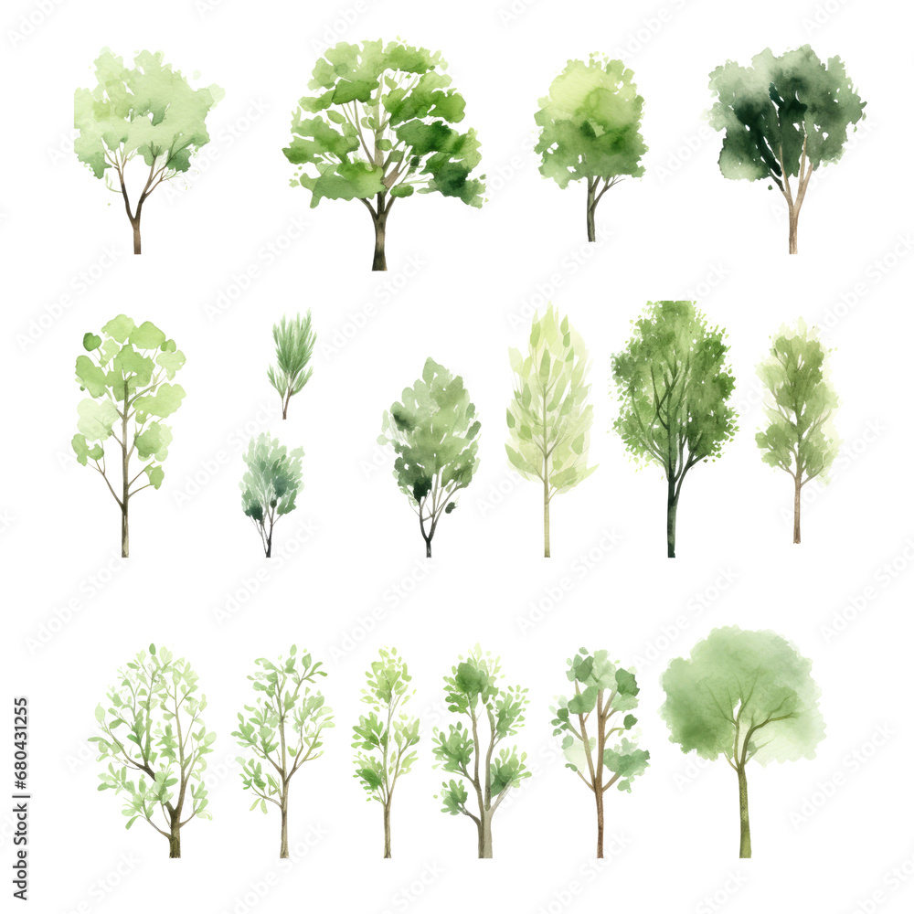 Tree watercolor clipart crop picture use Set of hand drawn trees ...