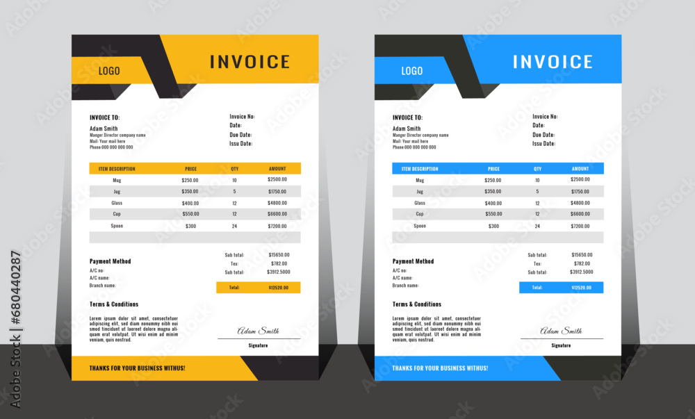 Business invoice form template. Invoicing quotes, money bills or price ...