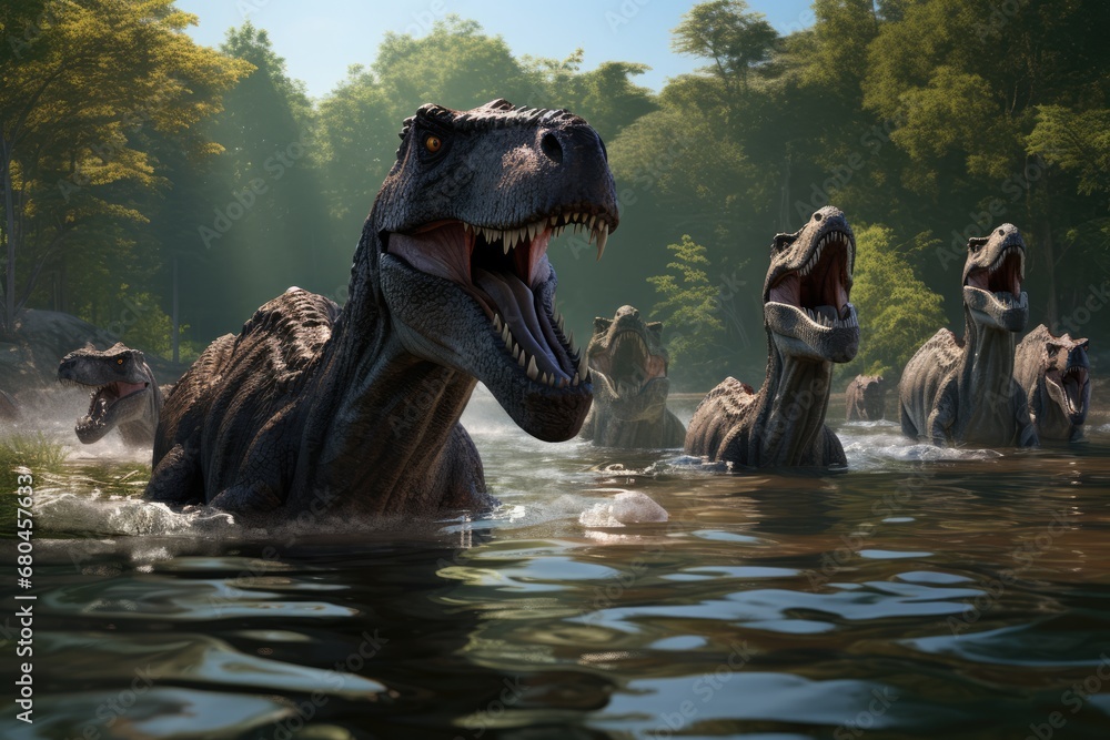Photo Stock Spinosaurus Carnotaurus And Trex Families Cooling Off In ...