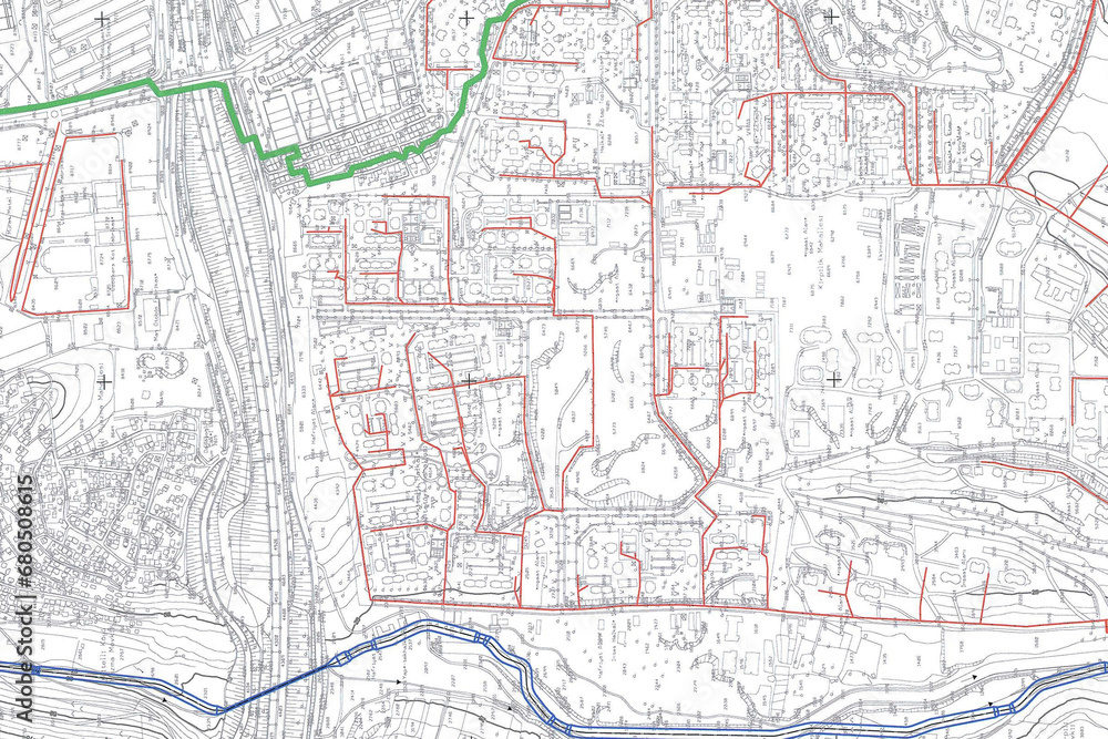 Imaginary cadastral map of territory with buildings, roads and land ...