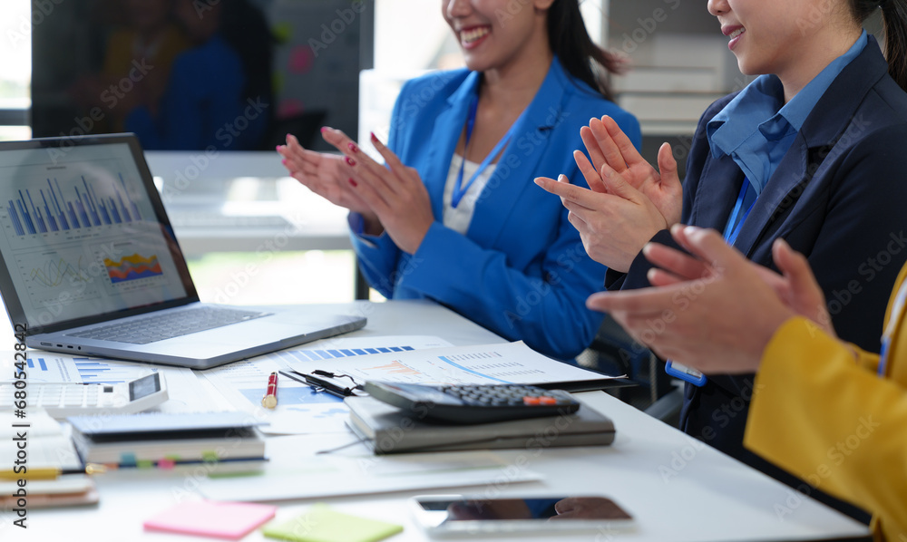 Business team congratulates success, businesswoman presents marketing ...