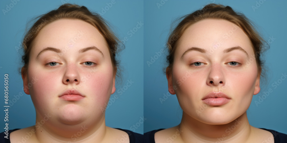 Before and after results of a woman with jawline surgery, submental ...