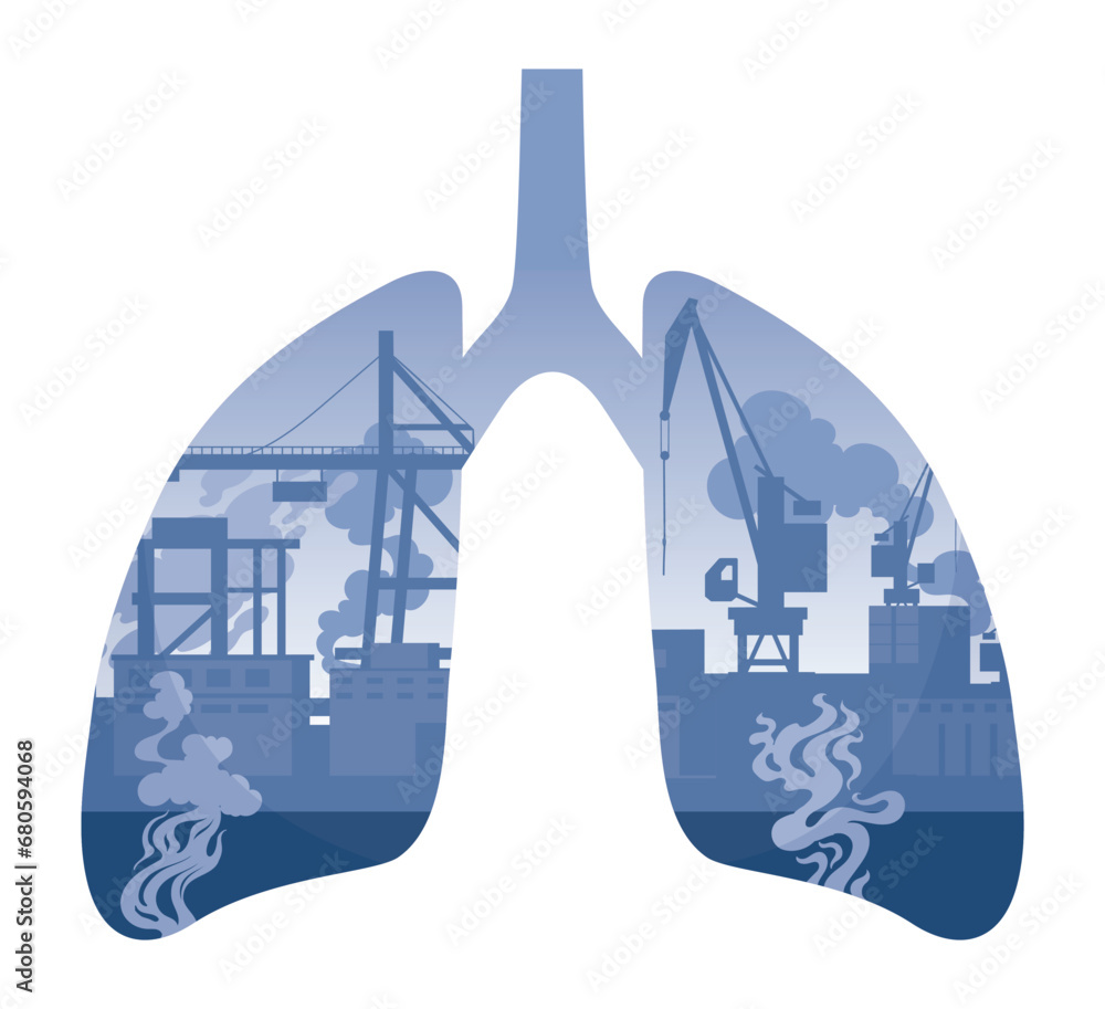 Cartoon polluted lungs. Unhealthy respiratory system, environmental ...