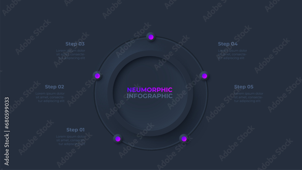 Cycle diagram with 5 options or steps. Dark infographic neumorphism ...