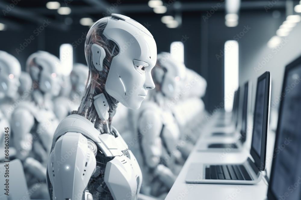 Futuristic robots efficiently working at computer stations, showcasing ...