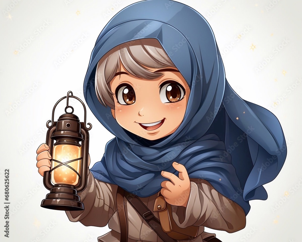 Coloring page of muslim kid girl with lantern, wearing in traditional ...