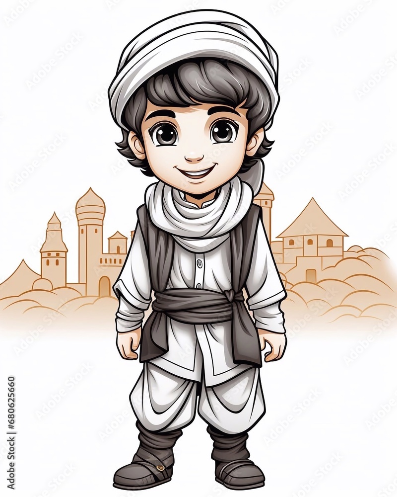 Coloring page of muslim boy, wearing in traditional arab clothes on ...