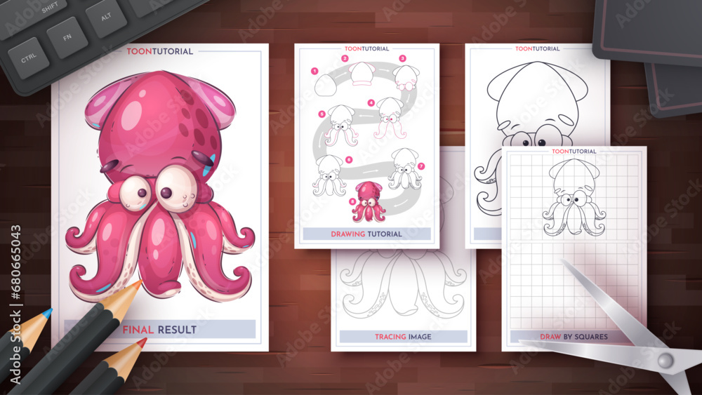 How to Draw a Squid. Step by Step Drawing Tutorial. Draw Guide. Simple Instruction. Coloring ...