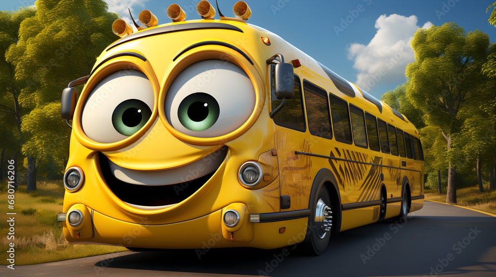 Стокова ілюстрація Cartoon yellow bus with eyes | Adobe Stock