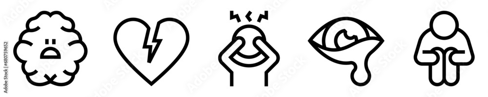 Conjunto de iconos de ansiedad y depresión. Trastorno mental. Cerebro ...