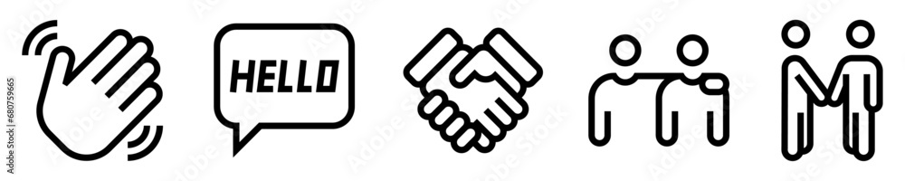 Conjunto de iconos de saludo. Gesto cordial, bienvenida. Mano saludando ...