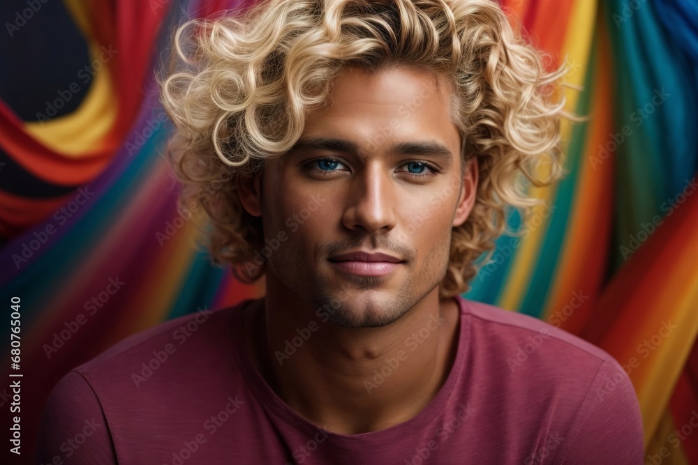Caucasian person stands confidently in front of a rainbow flag, a ...
