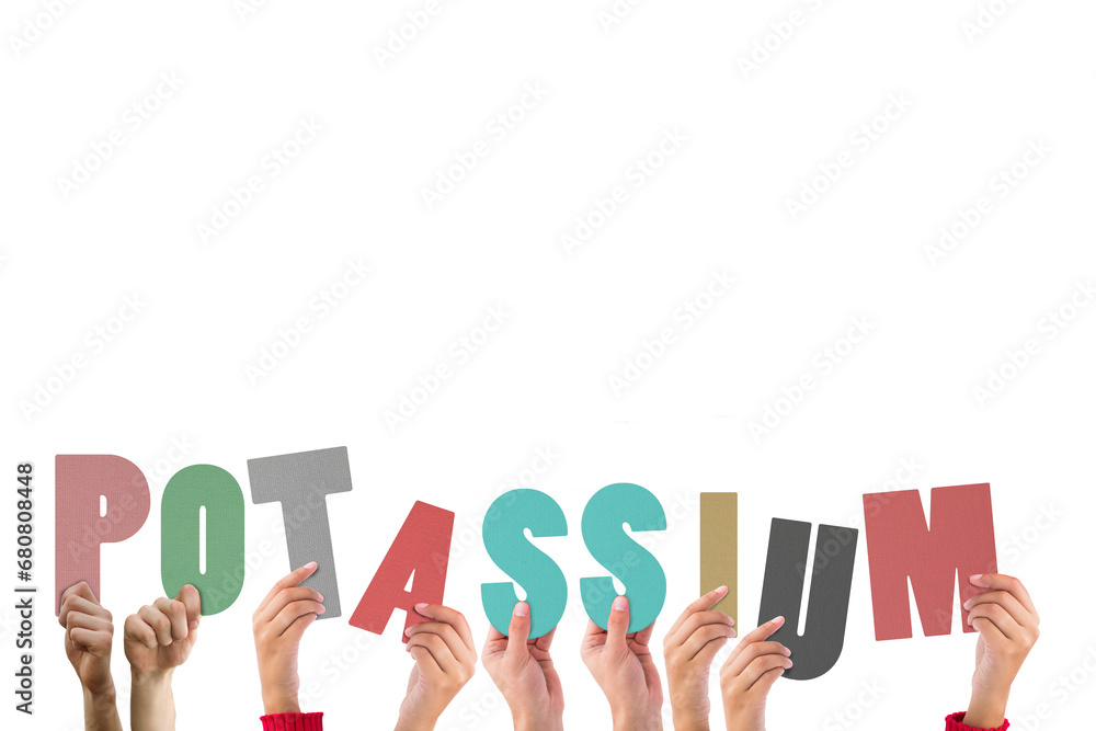 Digital png illustration of hands holding potassium text on transparent ...
