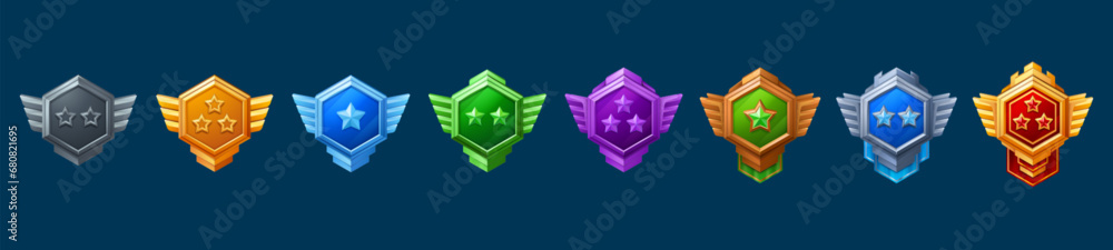 Game rank badges set isolated on background. Vector cartoon ...
