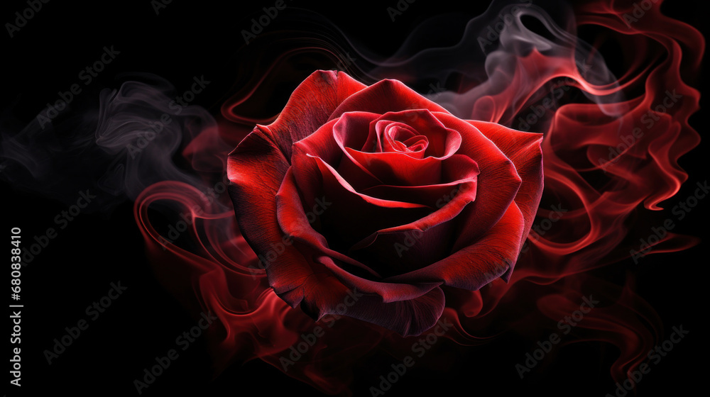 Red rose wrapped in smoke swirl on black background Stock Photo | Adobe ...