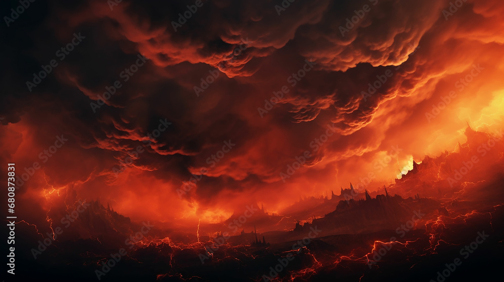 Black fiery red dramatic sky with clouds. Fire, war, explosion ...